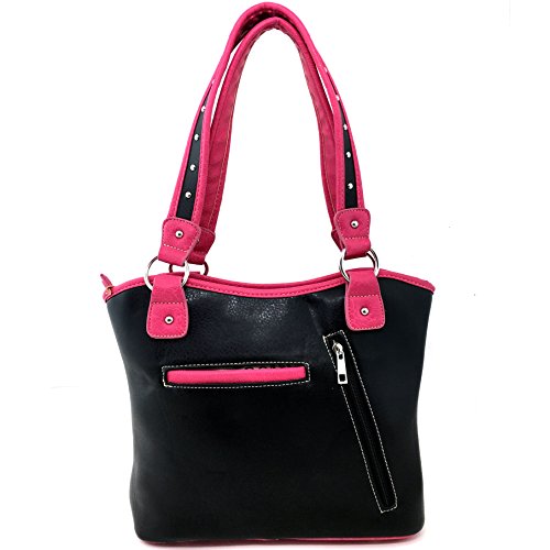 Justin West Western Rhinestone Cross Tote Purse Embroidery Floral Design Leather Concealed Carry Handbag (Black Hot Pink)