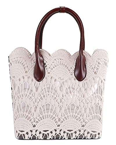 Women Lace Tote Vintage Solid Clear Bag Handbag with Off-White Cotton Lace Fabric