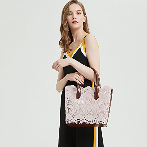 Women Lace Tote Vintage Solid Clear Bag Handbag with Off-White Cotton Lace Fabric