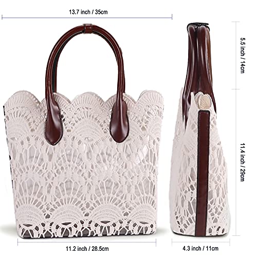 Women Lace Tote Vintage Solid Clear Bag Handbag with Off-White Cotton Lace Fabric