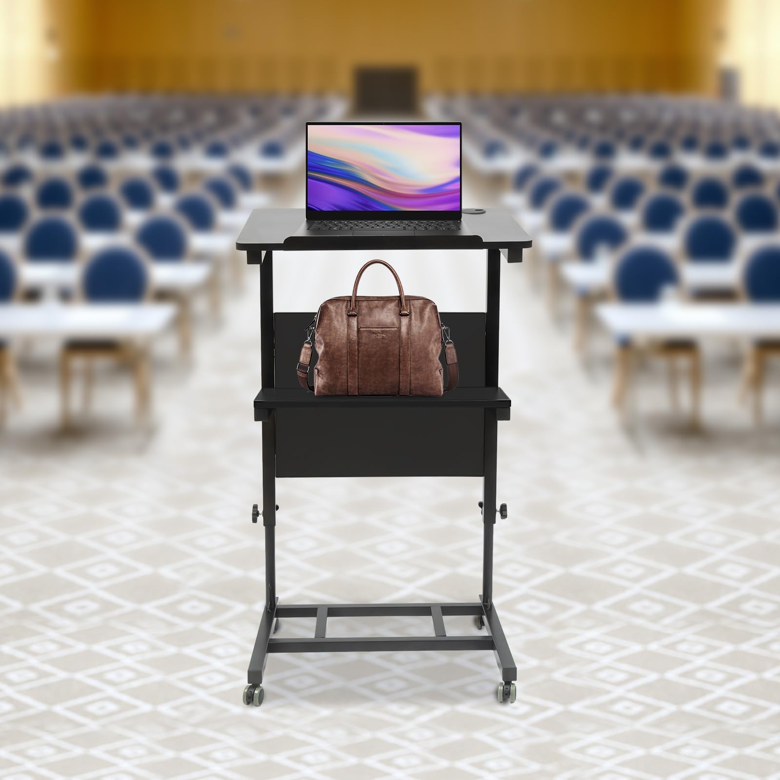 Mobile Stand Up Lectern Podium with Wheels, Portable Heavy Duty Height Adjustable Desk, Ergonomic Ambidextrous Steel Frame for Church Pulpit, Classroom Lecture Speech (Black)