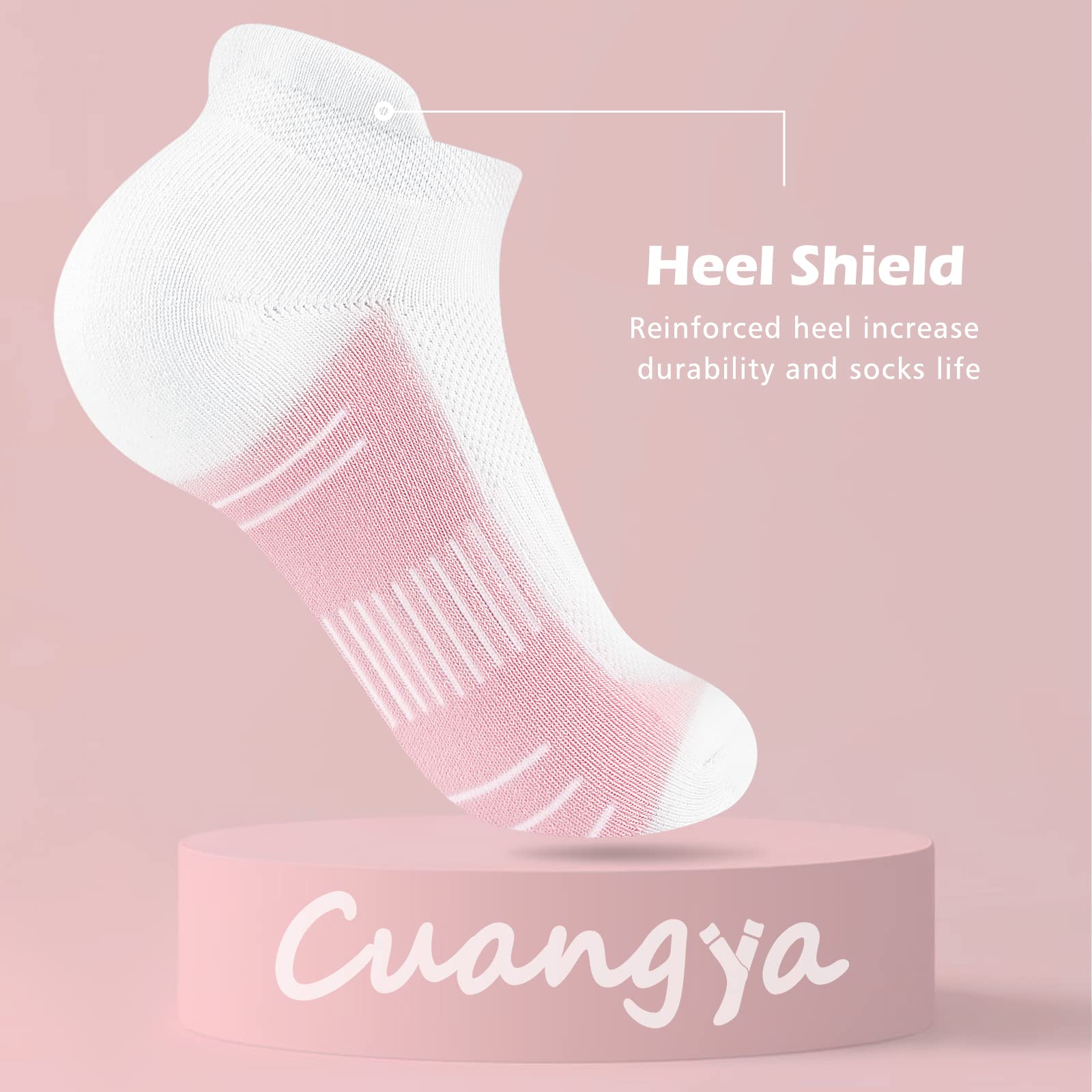 cuangya Performance Ankle Socks Women with Heel Tab for Running Athletic White Socks Pink Low Cut Cushioned 5-Pairs
