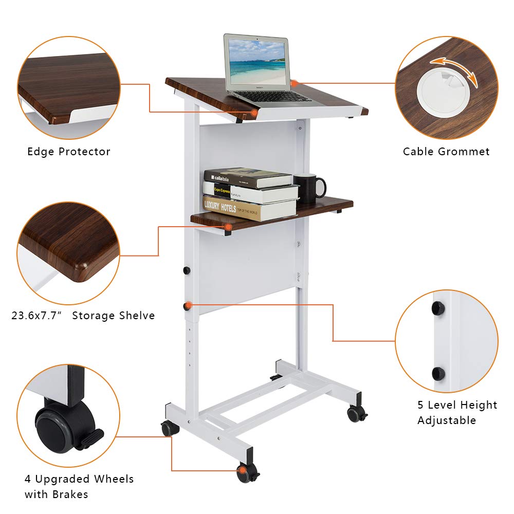 Bonnlo Mobile Stand Up Lectern Podium with Wheels, Portable Heavy Duty Desk, Height Adjustable Church Pulpit or Ceremony, Classroom Lecture Speech Teach Platform, Walnut Tabletop and White Steel Frame