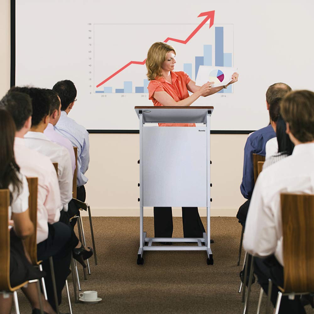 Bonnlo Mobile Stand Up Lectern Podium with Wheels, Portable Heavy Duty Desk, Height Adjustable Church Pulpit or Ceremony, Classroom Lecture Speech Teach Platform, Walnut Tabletop and White Steel Frame