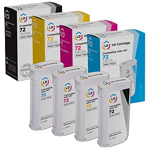 LD Products Compatible Replacements for HP 72 Ink Cartridge High Yield (Photo Black, Cyan, Magenta, Yellow, 4-Pack) DesignJet T1100, T1120, T1200, T610, T620, T770, T1100ps, T1120 SD-MFP, T1300