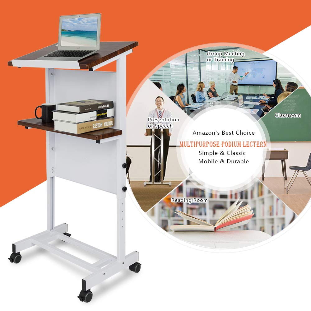 Bonnlo Mobile Stand Up Lectern Podium with Wheels, Portable Heavy Duty Desk, Height Adjustable Church Pulpit or Ceremony, Classroom Lecture Speech Teach Platform, Walnut Tabletop and White Steel Frame