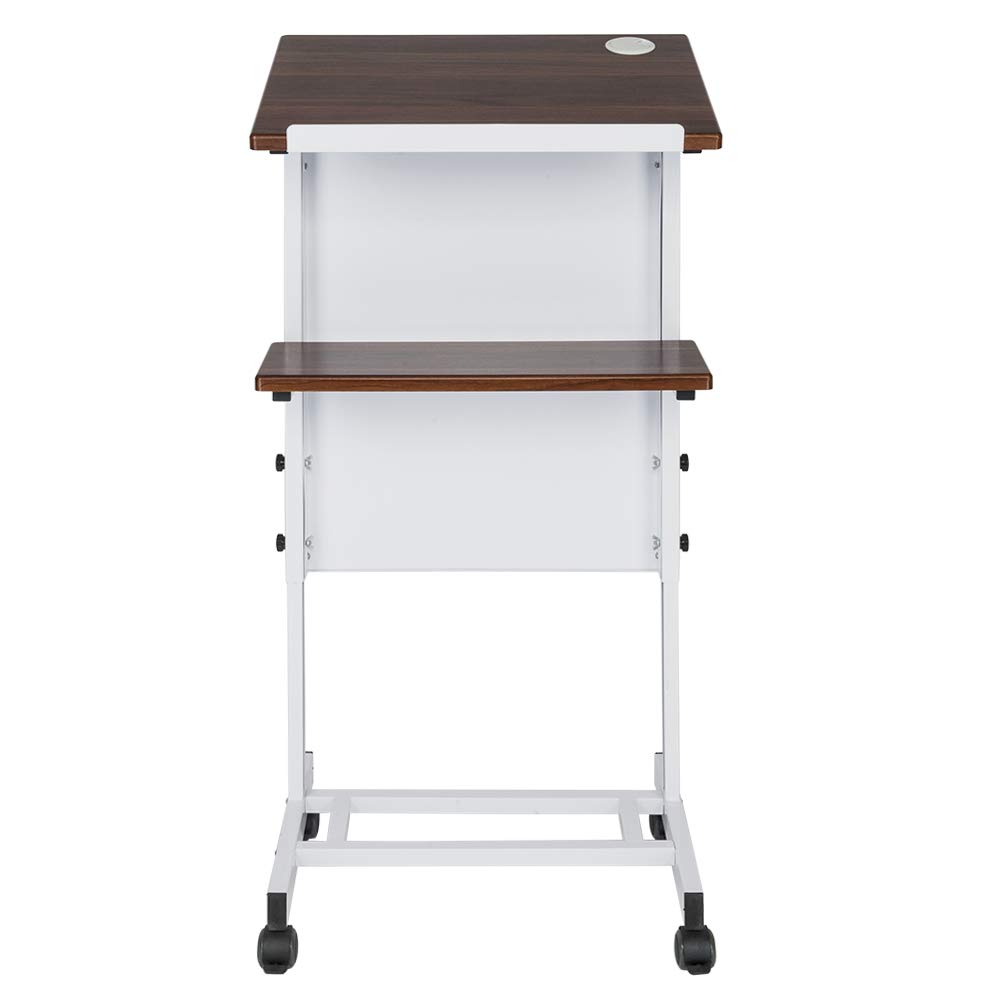 Bonnlo Mobile Stand Up Lectern Podium with Wheels, Portable Heavy Duty Desk, Height Adjustable Church Pulpit or Ceremony, Classroom Lecture Speech Teach Platform, Walnut Tabletop and White Steel Frame
