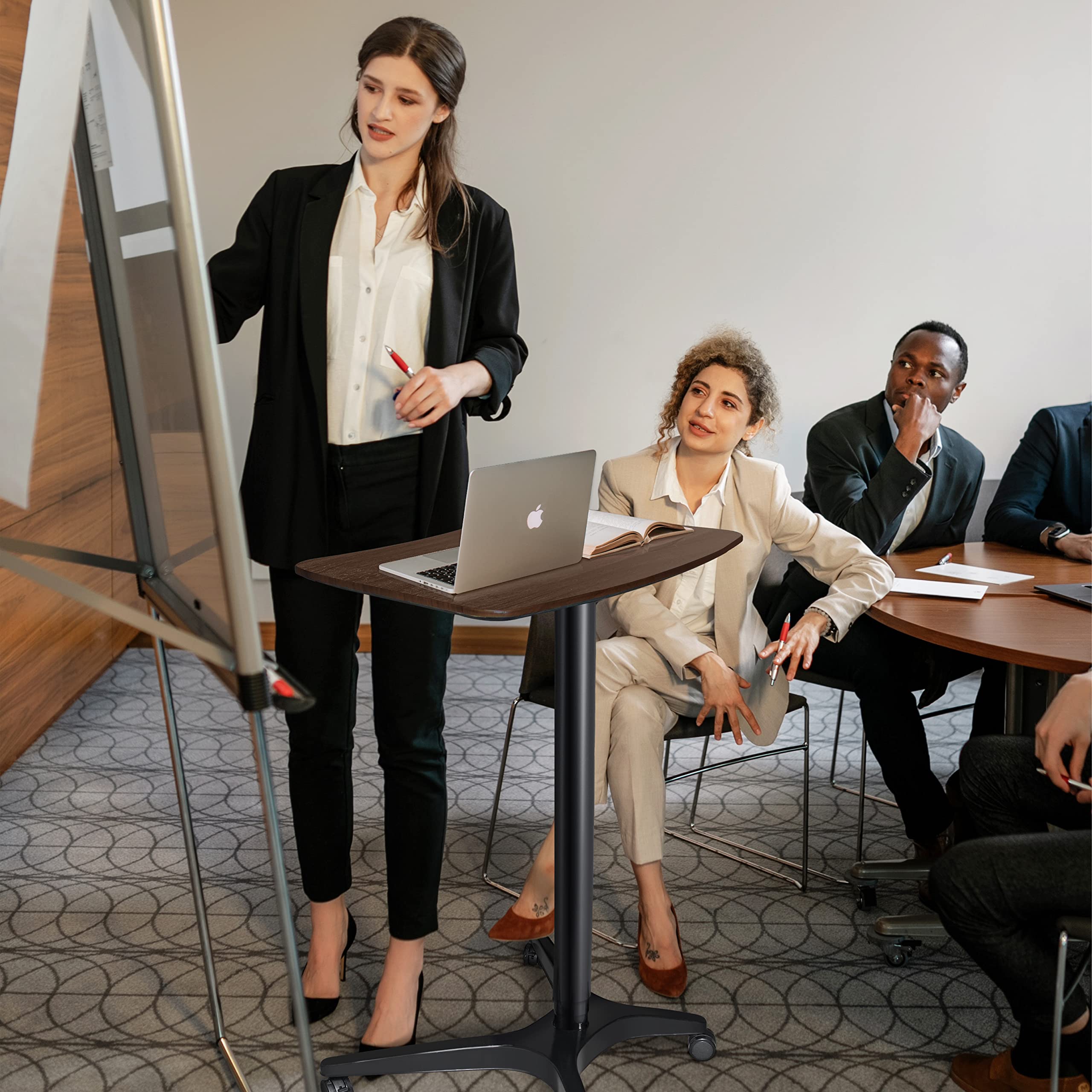 HAOOAH Pneumatic Adjustable Height Desk, Laptop Standing Desk, Rolling Sit-Stand Cart, Mobile Podium Portable Lectern for Home, Office& Classroom, 26" 19.3" Platform (29" to 46.9" H),Brown