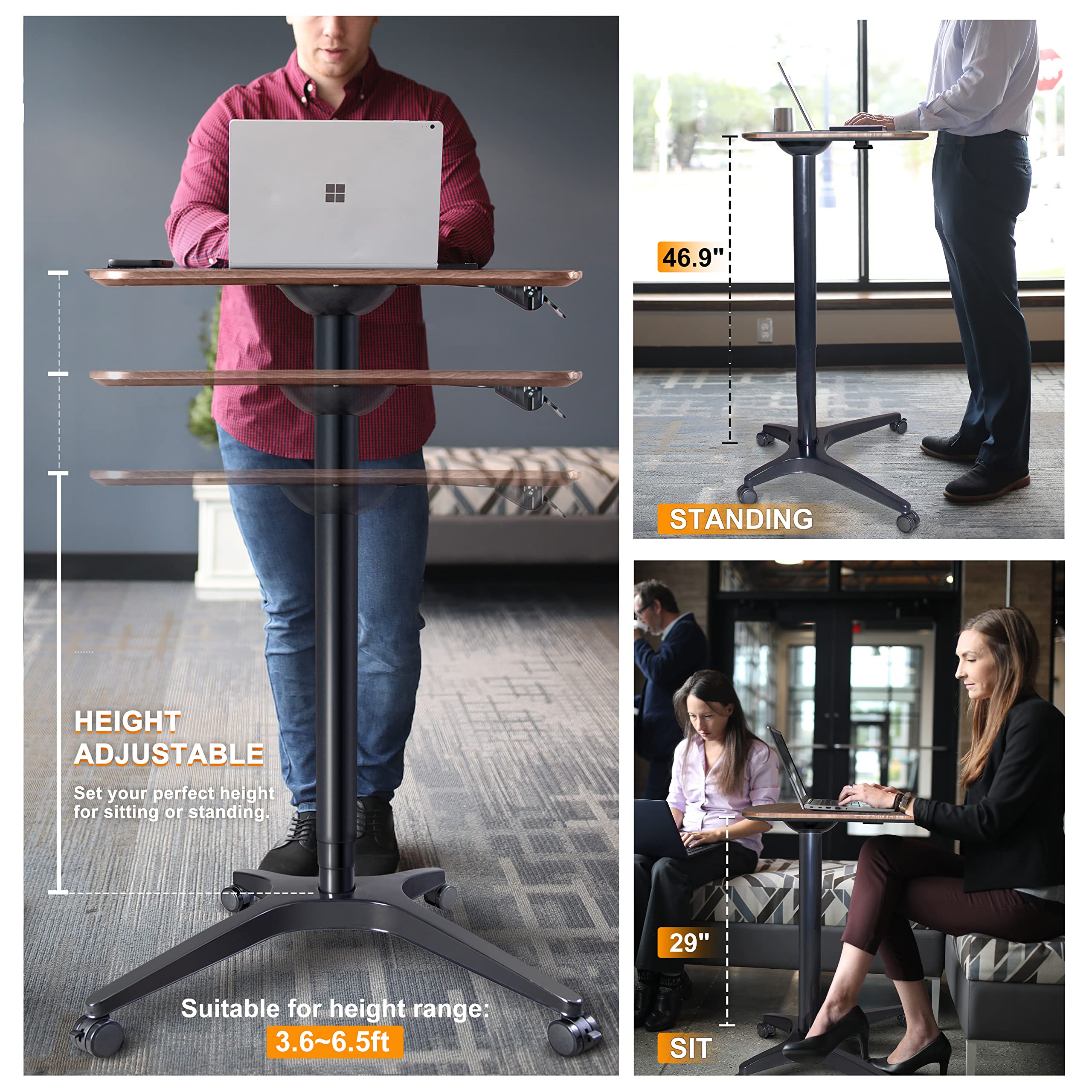 HAOOAH Pneumatic Adjustable Height Desk, Laptop Standing Desk, Rolling Sit-Stand Cart, Mobile Podium Portable Lectern for Home, Office& Classroom, 26" 19.3" Platform (29" to 46.9" H),Brown