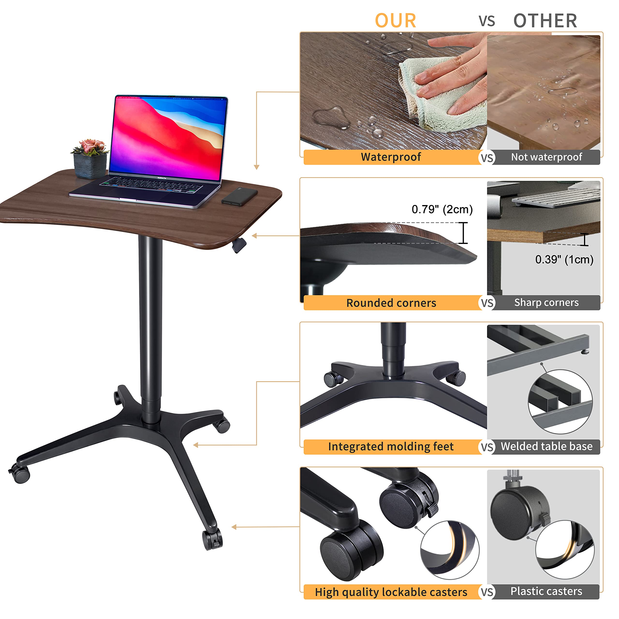 HAOOAH Pneumatic Adjustable Height Desk, Laptop Standing Desk, Rolling Sit-Stand Cart, Mobile Podium Portable Lectern for Home, Office& Classroom, 26" 19.3" Platform (29" to 46.9" H),Brown