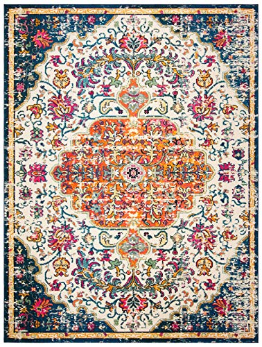 SAFAVIEH Madison Collection 8' x 10' Ivory / Orange MAD447A Boho Chic Medallion Distressed Non-Shedding Living Room Bedroom Dining Home Office Area Rug