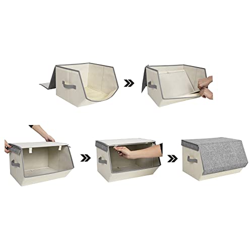 SONGMICS Stackable Storage Bins, Fabric Storage Boxes with Lids, Stackable Storage Cubes with Magnetic Closures, a Semi-Open Front, Lid Can Stay Open after Stacked up, Set of 2, Gray URLB02GE