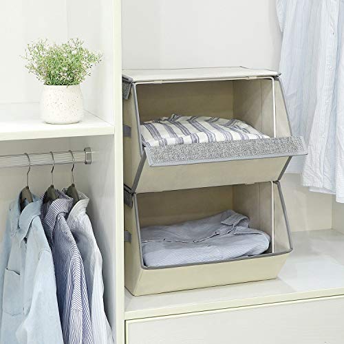 SONGMICS Stackable Storage Bins, Fabric Storage Boxes with Lids, Stackable Storage Cubes with Magnetic Closures, a Semi-Open Front, Lid Can Stay Open after Stacked up, Set of 2, Gray URLB02GE