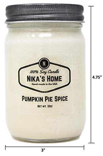 Nika's Home Pumpkin Pie Spice Soy Candle 12oz Mason Jar Non-Toxic White Soy Handmade, Long Burning 50-60 Hours Highly Scented All Natural, Clean Burning Candle Gift Décor