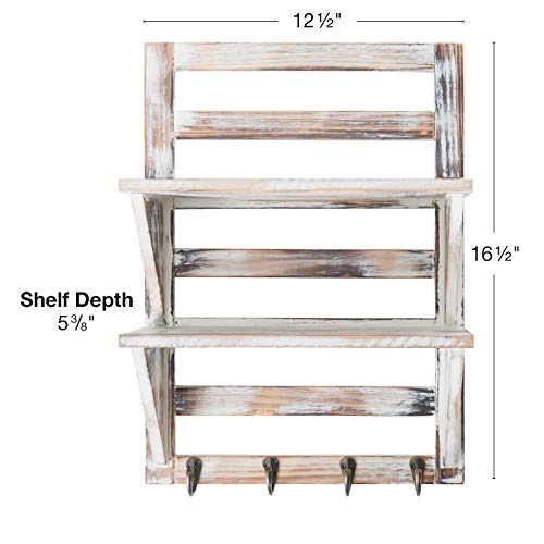 EXCELLO GLOBAL PRODUCTS 2-Tier Rustic Whitewashed Mounted Wood Wall Shelf with Shabby Chic, Farmouse Decor with 4 Hooks. Perfect for Any Room