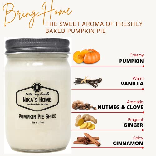 Nika's Home Pumpkin Pie Spice Soy Candle 12oz Mason Jar Non-Toxic White Soy Handmade, Long Burning 50-60 Hours Highly Scented All Natural, Clean Burning Candle Gift Décor