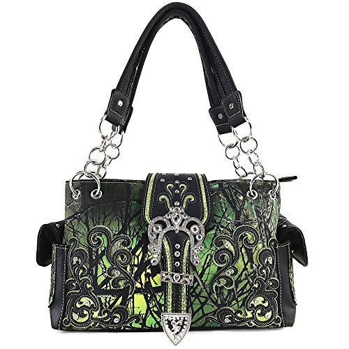Justin West Abstract Butterfly Buckle Black Conceal Carry Handbag (Green Purse and wallet)