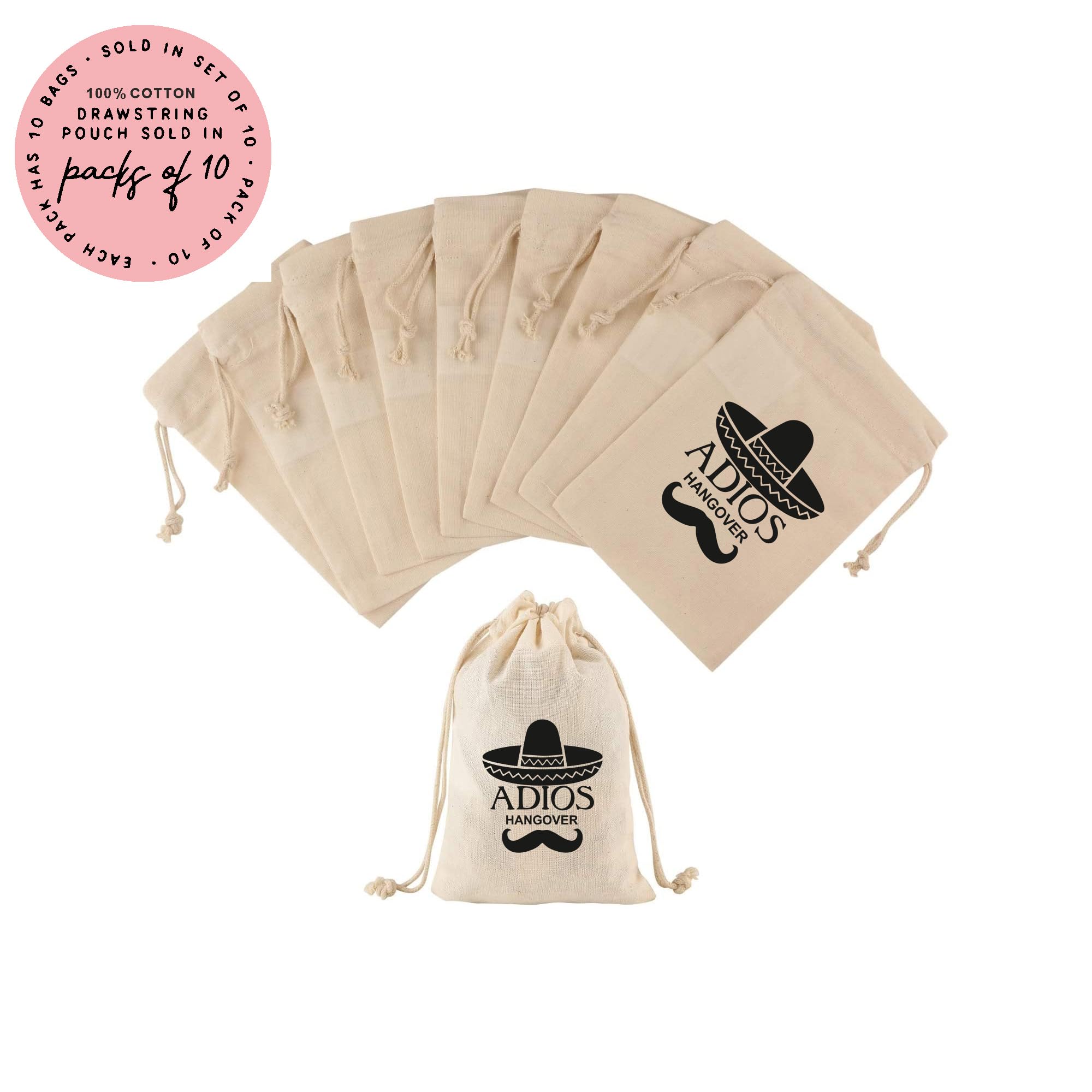 Set of 10 Adios Hangover Bags bachelorette party decorations Cabo survival Kit, amenity Kit Cotton Drawstring Wedding Welcome Favor kits ,Bachelorette ,Party, Drawstring Decors, Off White, 5x7''