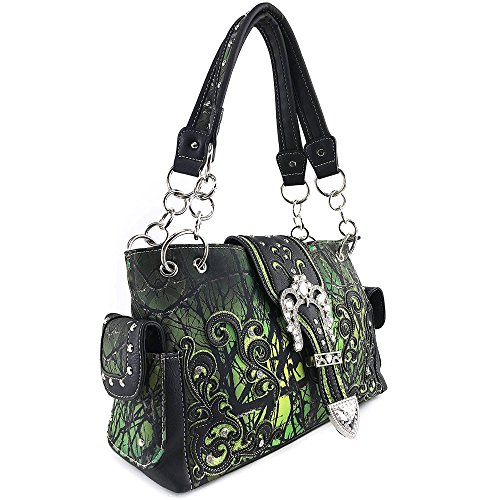 Justin West Abstract Butterfly Buckle Black Conceal Carry Handbag (Green Purse and wallet)