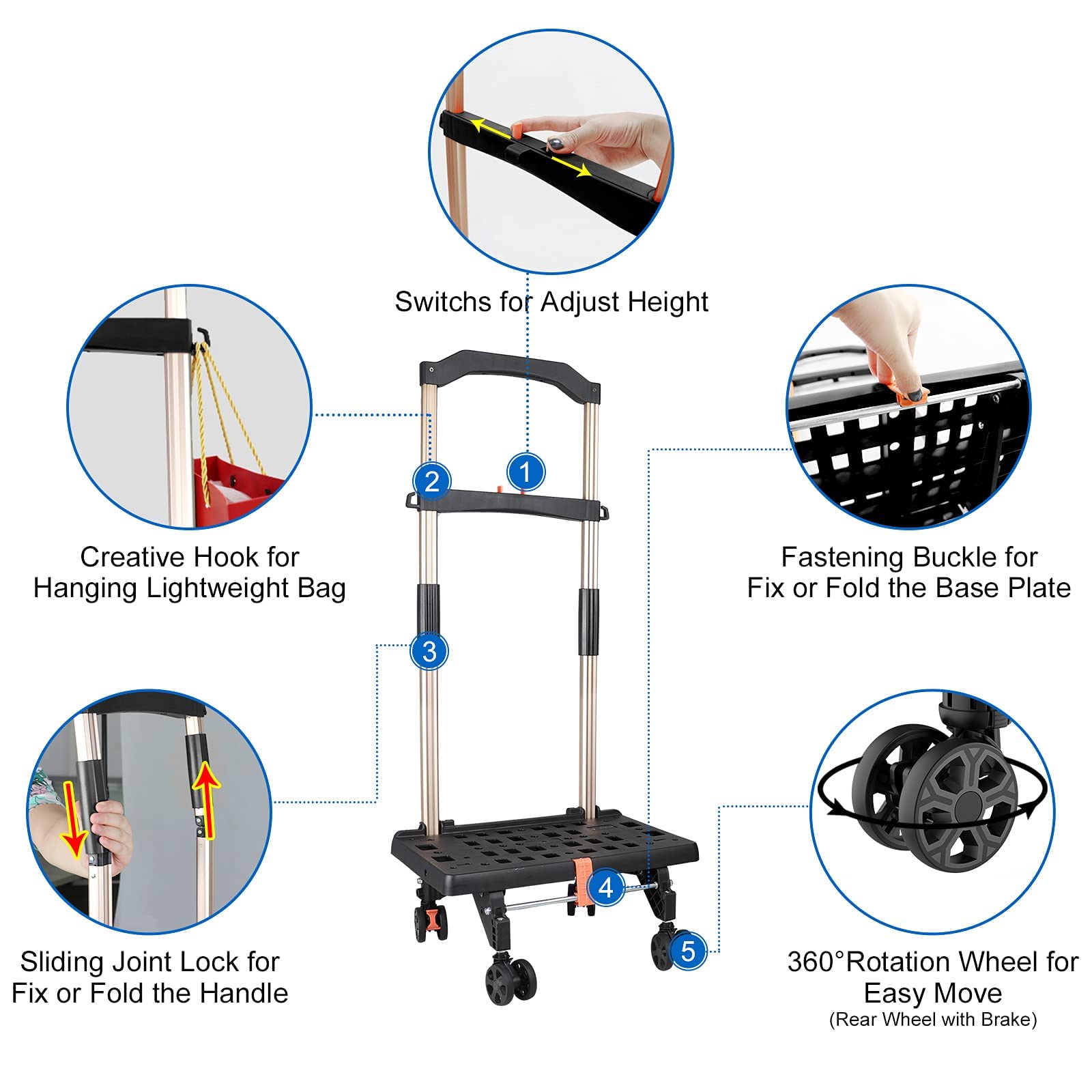 Folding Hand Truck Portable Dolly Utility Cart Rolling Crate with 4 Rotate Double Wheels 80KG/176Lbs Heavy Duty Adjustable Handle for Moving Shopping Grocery Travel Office Use(Black Swivel Wheel)