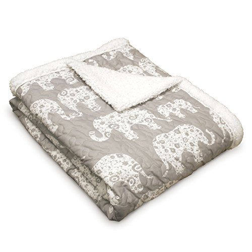 Lush Decor Elephant Parade Throw Fuzzy Reversible Sherpa Blanket, 60” x 50”, Gray
