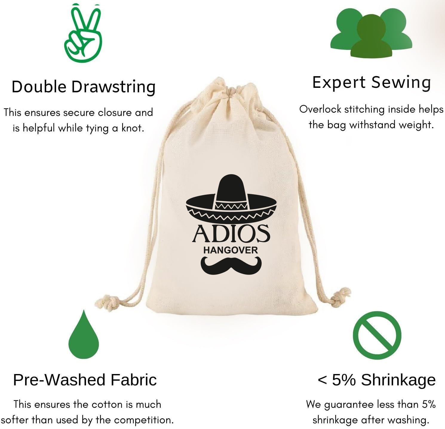 Set of 10 Adios Hangover Bags bachelorette party decorations Cabo survival Kit, amenity Kit Cotton Drawstring Wedding Welcome Favor kits ,Bachelorette ,Party, Drawstring Decors, Off White, 5x7''
