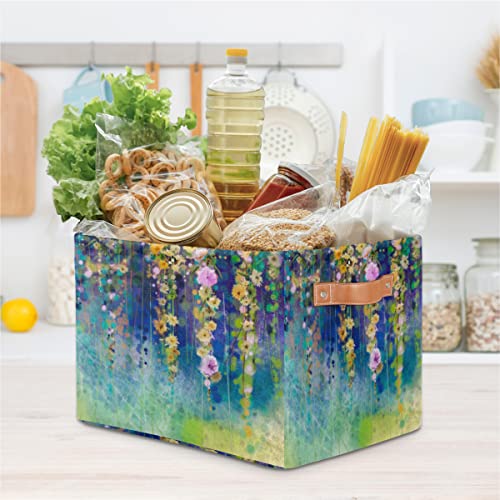2Pack Large Collapsible Storage Bins,Art Painting Flower Floral Decorative Canvas Fabric Storage Boxes Organizer with Handles,Rectangular Baskets Bin for Home Shelves Closet Nursery Gifts