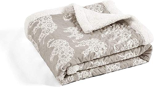 Lush Decor Elephant Parade Throw Fuzzy Reversible Sherpa Blanket, 60” x 50”, Gray