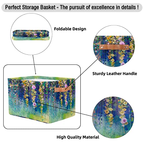 2Pack Large Collapsible Storage Bins,Art Painting Flower Floral Decorative Canvas Fabric Storage Boxes Organizer with Handles,Rectangular Baskets Bin for Home Shelves Closet Nursery Gifts