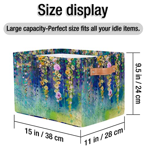 2Pack Large Collapsible Storage Bins,Art Painting Flower Floral Decorative Canvas Fabric Storage Boxes Organizer with Handles,Rectangular Baskets Bin for Home Shelves Closet Nursery Gifts