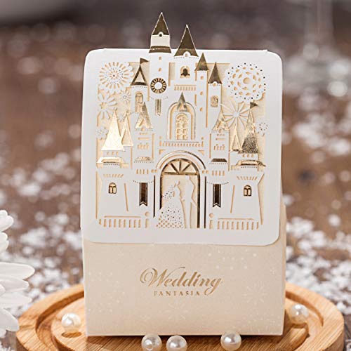 Hosmsua 50pcs Laser Cut Wedding Favor Boxes Candy Box Gift Bag Bride and Groom Paper Bags with Romantic Castle Design (Beige) CB5093