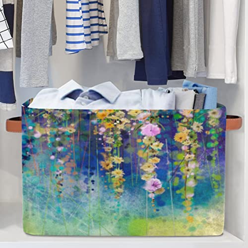 2Pack Large Collapsible Storage Bins,Art Painting Flower Floral Decorative Canvas Fabric Storage Boxes Organizer with Handles,Rectangular Baskets Bin for Home Shelves Closet Nursery Gifts