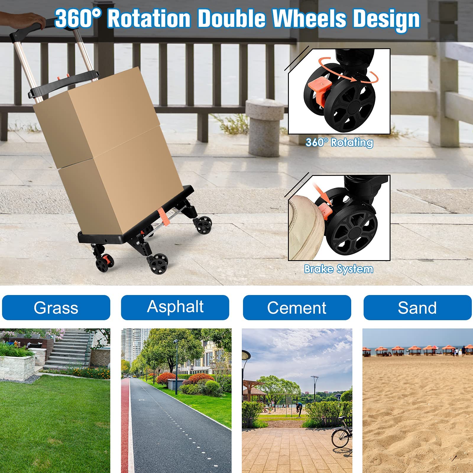 Folding Hand Truck Portable Dolly Utility Cart Rolling Crate with 4 Rotate Double Wheels 80KG/176Lbs Heavy Duty Adjustable Handle for Moving Shopping Grocery Travel Office Use(Black Swivel Wheel)