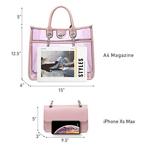 Large Clear Tote Bag PVC Top Handle Shoulder Bag 2 Pieces Set With Turn Lock Closure (Blue)
