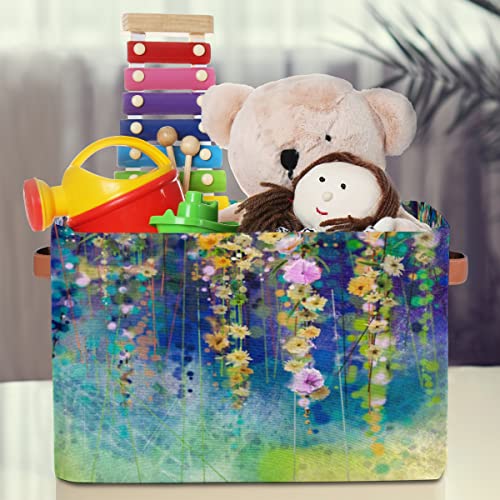 2Pack Large Collapsible Storage Bins,Art Painting Flower Floral Decorative Canvas Fabric Storage Boxes Organizer with Handles,Rectangular Baskets Bin for Home Shelves Closet Nursery Gifts