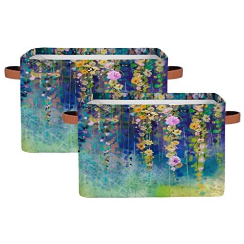 2Pack Large Collapsible Storage Bins,Art Painting Flower Floral Decorative Canvas Fabric Storage Boxes Organizer with Handles,Rectangular Baskets Bin for Home Shelves Closet Nursery Gifts