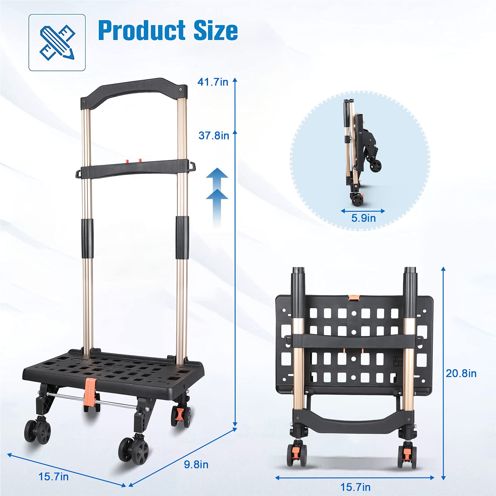 Folding Hand Truck Portable Dolly Utility Cart Rolling Crate with 4 Rotate Double Wheels 80KG/176Lbs Heavy Duty Adjustable Handle for Moving Shopping Grocery Travel Office Use(Black Swivel Wheel)