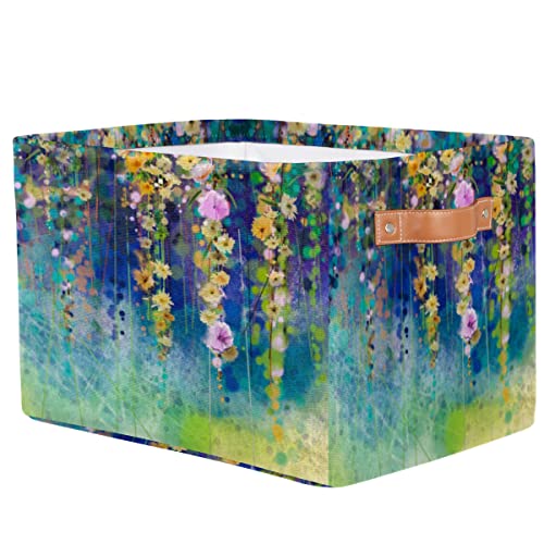 2Pack Large Collapsible Storage Bins,Art Painting Flower Floral Decorative Canvas Fabric Storage Boxes Organizer with Handles,Rectangular Baskets Bin for Home Shelves Closet Nursery Gifts