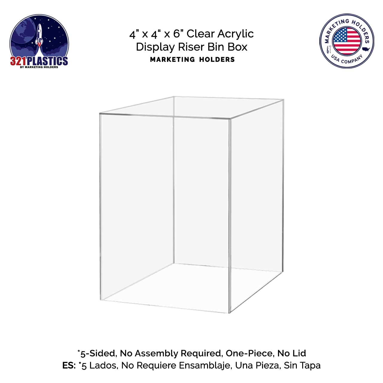 4" x 4" x 6" Clear Acrylic Display Box with One Open Side No Lid Versatile Rectangular Plexiglass Retail Product Riser or Merchandise Storage Bin by Marketing Holders
