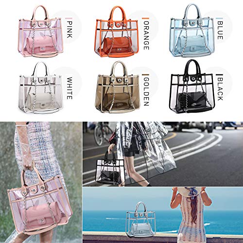 Large Clear Tote Bag PVC Top Handle Shoulder Bag 2 Pieces Set With Turn Lock Closure (Blue)