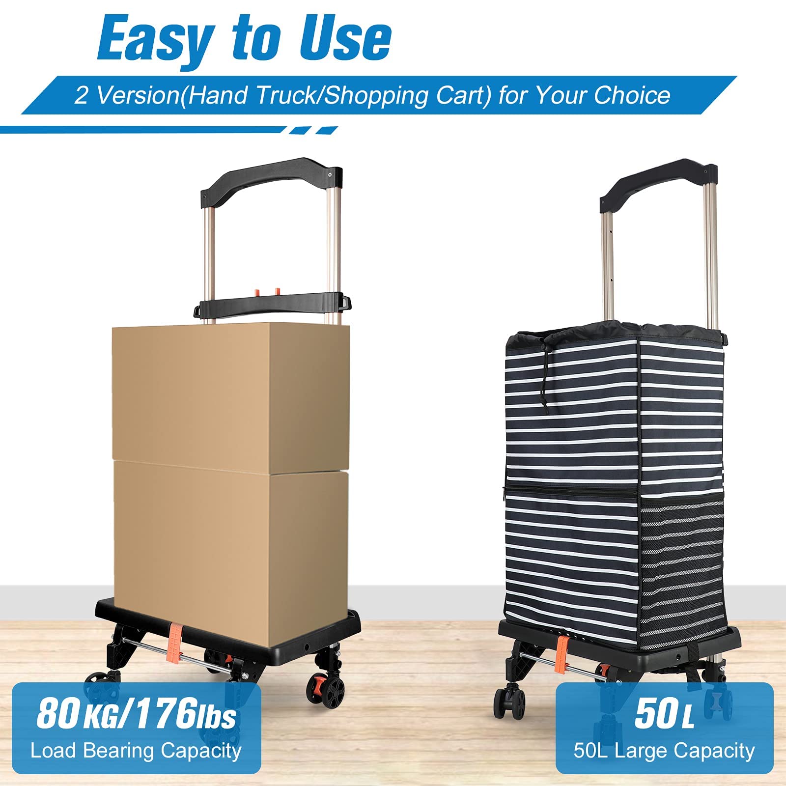 Folding Hand Truck Portable Dolly Utility Cart Rolling Crate with 4 Rotate Double Wheels 80KG/176Lbs Heavy Duty Adjustable Handle for Moving Shopping Grocery Travel Office Use(Black Swivel Wheel)