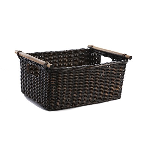 The Basket Lady Pole Handle Wicker Storage Basket, Extra Large, 20 in L x 16 in W x 10 in H, Antique Walnut Brown