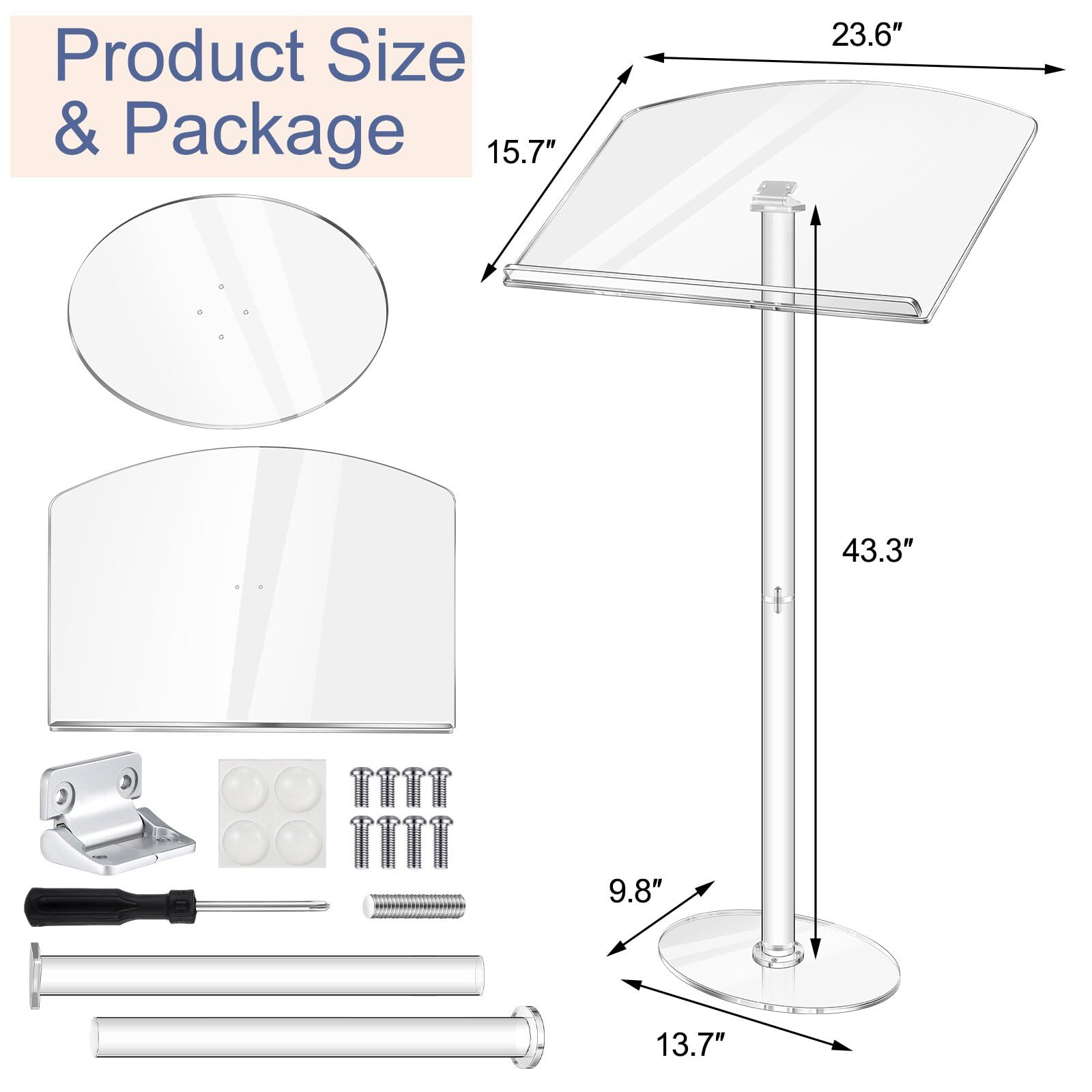 Barydat 23.6 x 15.7 x 43.3 Inch Pulpits for Churches Acrylic Podium Stand Angle Adjustable Clear Podium Portable Church Podium Modern Foldable Lectern for Weddings Classroom Church Concert Speech