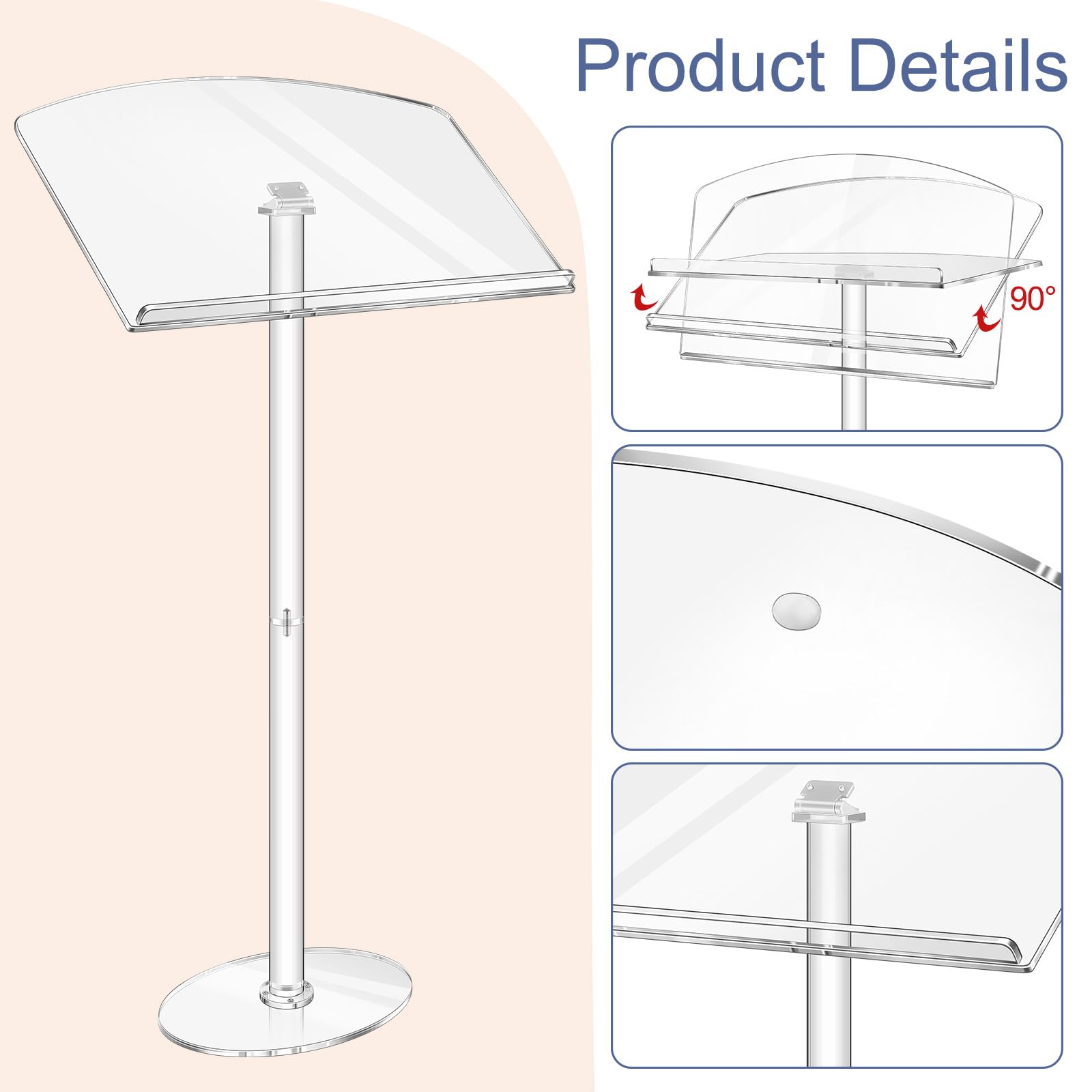Barydat 23.6 x 15.7 x 43.3 Inch Pulpits for Churches Acrylic Podium Stand Angle Adjustable Clear Podium Portable Church Podium Modern Foldable Lectern for Weddings Classroom Church Concert Speech