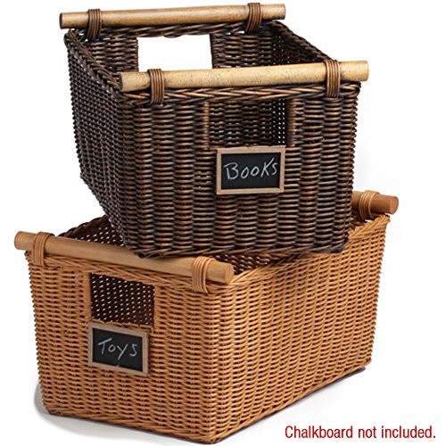 The Basket Lady Pole Handle Wicker Storage Basket, Extra Large, 20 in L x 16 in W x 10 in H, Antique Walnut Brown