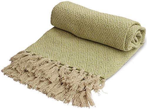 Cotton Throw Blanket Green Beige Chevron Patterned | Sofa Bed Couch Blankets with Fringe | Sage Chartreuse | Warm Lightweight | Decorative Living Room Home Decor | Farmhouse Picnic Beach Camping