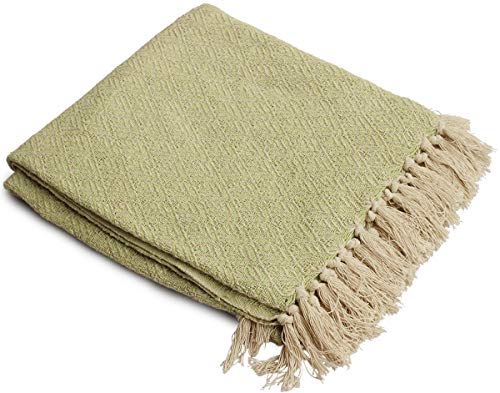 Cotton Throw Blanket Green Beige Chevron Patterned | Sofa Bed Couch Blankets with Fringe | Sage Chartreuse | Warm Lightweight | Decorative Living Room Home Decor | Farmhouse Picnic Beach Camping