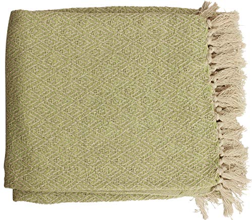 Cotton Throw Blanket Green Beige Chevron Patterned | Sofa Bed Couch Blankets with Fringe | Sage Chartreuse | Warm Lightweight | Decorative Living Room Home Decor | Farmhouse Picnic Beach Camping