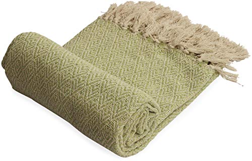 Cotton Throw Blanket Green Beige Chevron Patterned | Sofa Bed Couch Blankets with Fringe | Sage Chartreuse | Warm Lightweight | Decorative Living Room Home Decor | Farmhouse Picnic Beach Camping