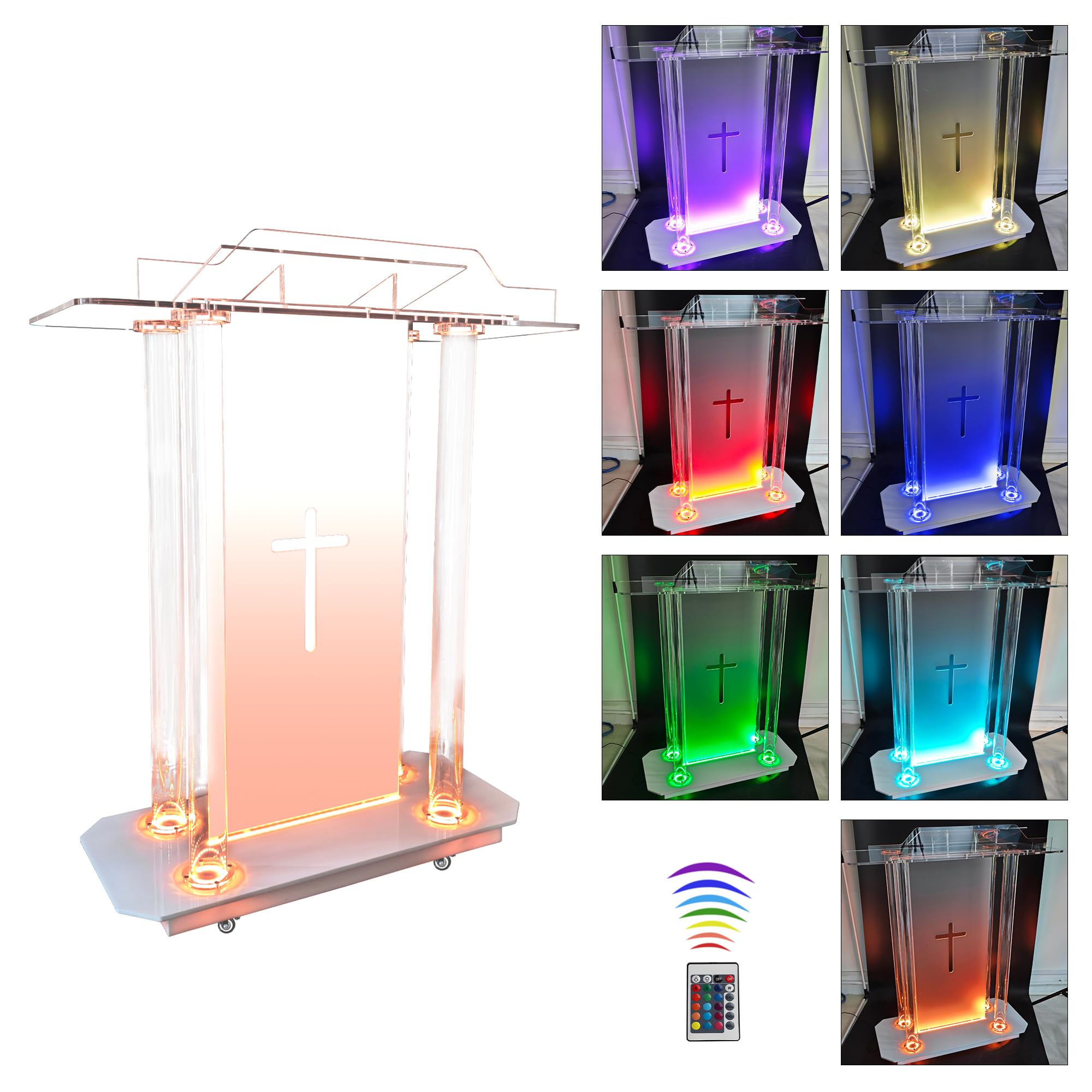 LAYIQDC Church Pulpit with Hollow Cross Design,Led Acrylic Church Podium with Wheels& Vertical Reading Platform, 46”Transparent Lecterns for Churches,Classroom and Weeding(39.4”L*15.7”W *44”H)